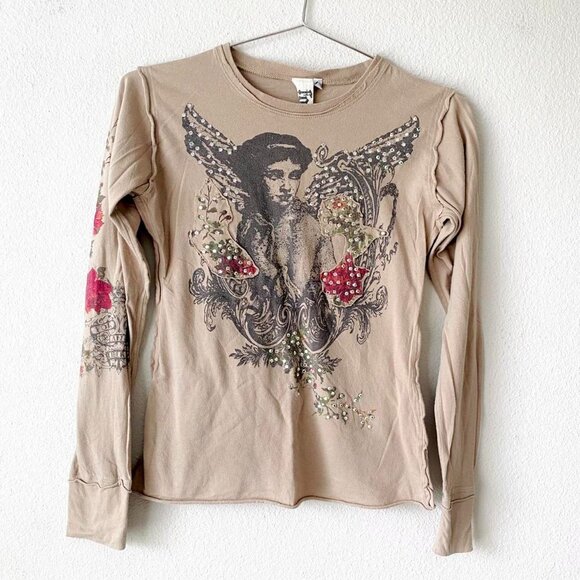Tops | Y2k 200s Rhinestone Bling Long Sleeve Top Womens Small | Poshmark